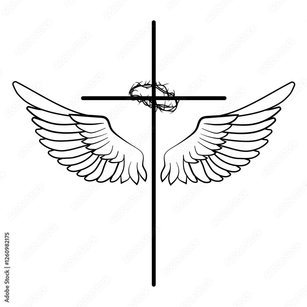 Christian cross with angel wings and a crown of thorns, symbolizing ...