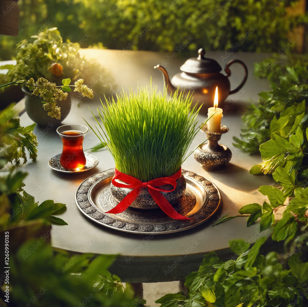 Nowruz holiday samani grass with red ribbon. Persian New Year Novruz ...