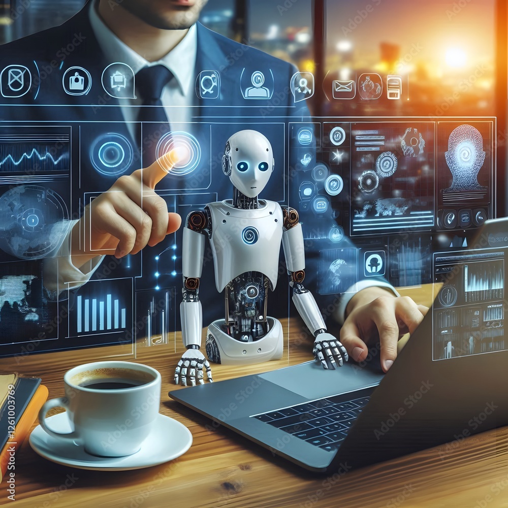 Man Uses Laptop with AI Assistant Dashboard, Smart Robot AI Agents, Agentic Workflows, AI ...