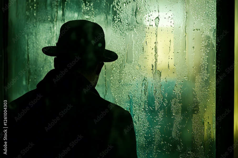 Silhouette of Mystery: A shadowy figure, shrouded in a fedora and coat ...
