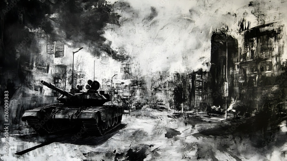 Apocalyptic urban warfare scene with an armored military vehicle amidst ...