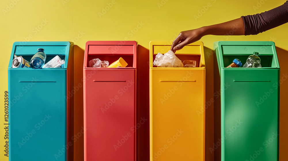 Set of recycling bins in vibrant, trendy colors for different waste ...