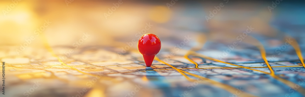 Red Pin on Map: A vibrant red pin marks a destination on a detailed map ...