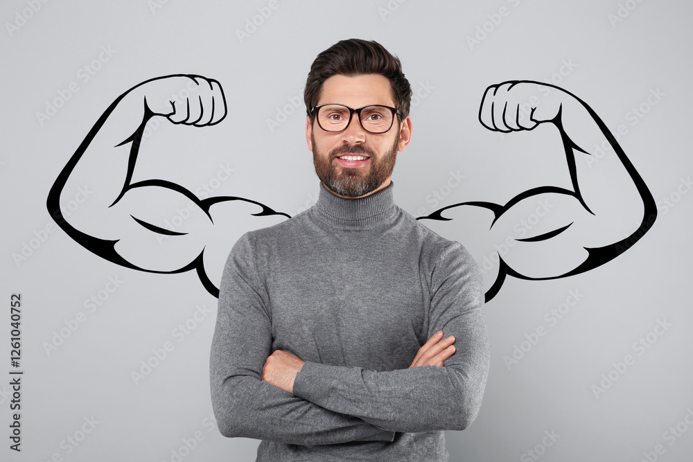 Handsome man with drawing of strong arms behind him on grey background ...