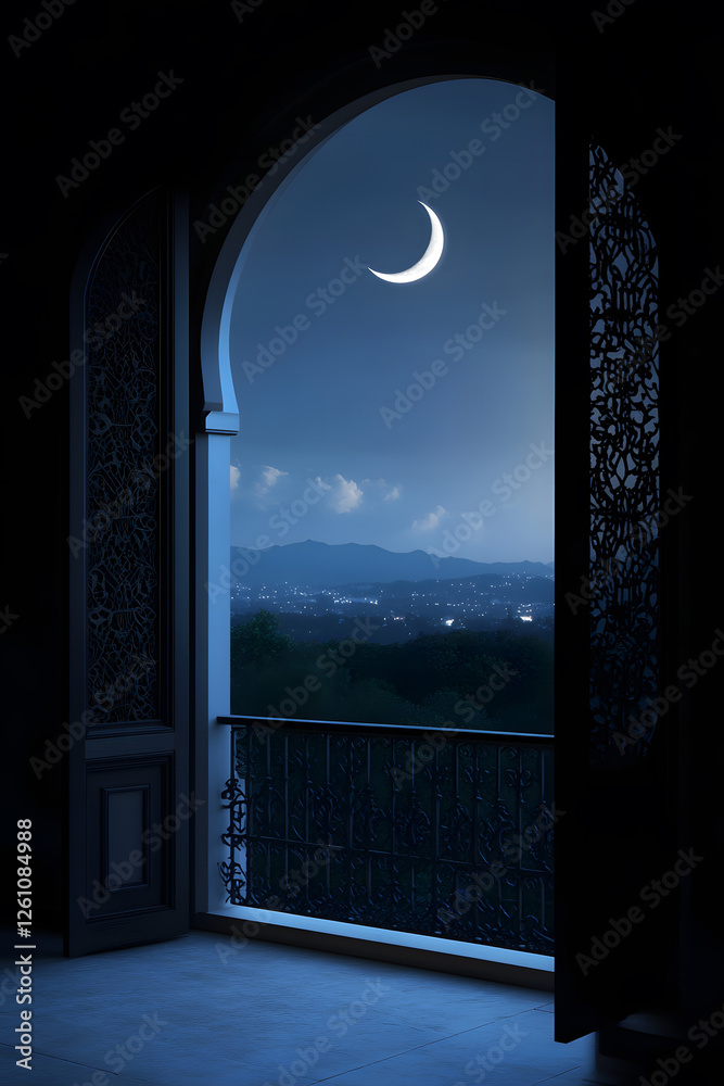 Ramadan Kareem greeting. Islamic crescent moon and mosque. End of ...