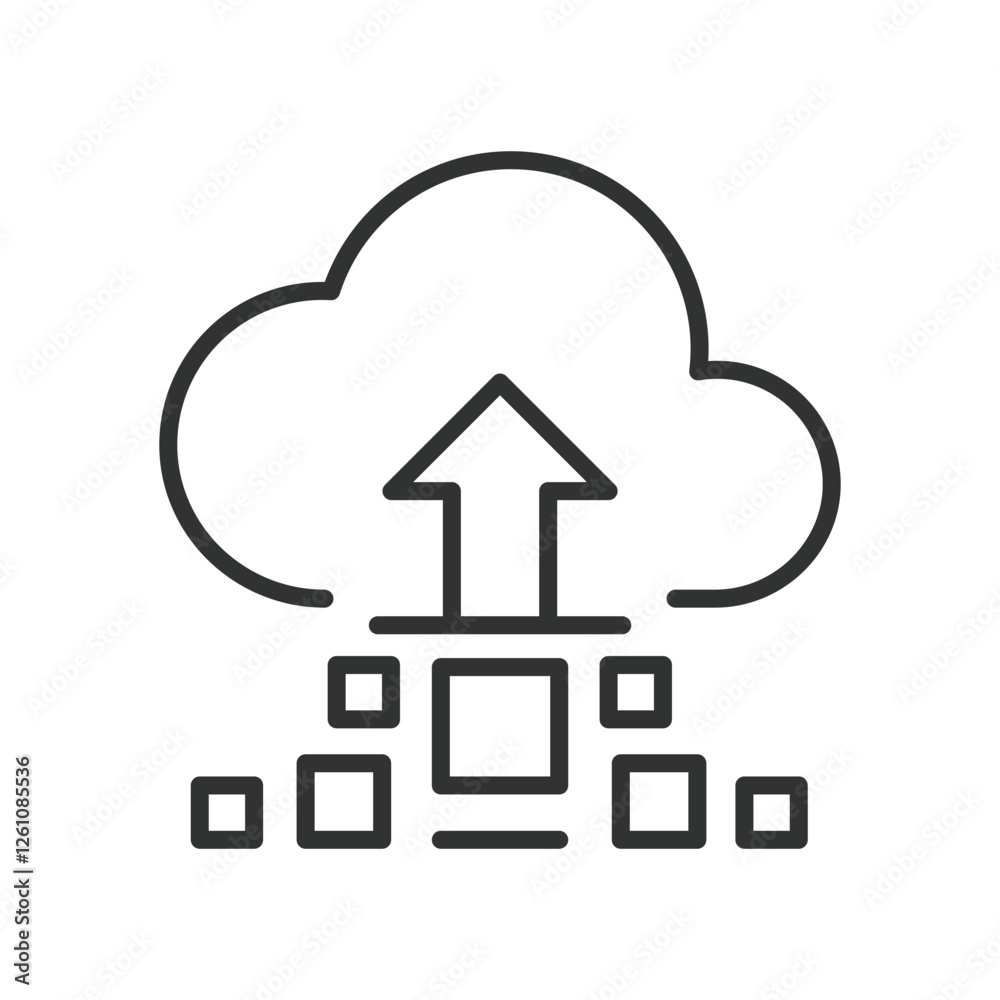 Data upload, icon in line design. Data, upload, transfer, cloud, files, synchronize, send on ...