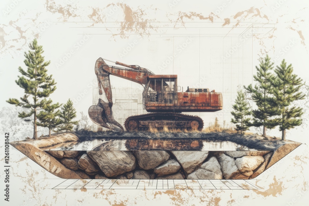 Rusty Excavator on a Cross-Section of Land A Digital Art Depiction of ...