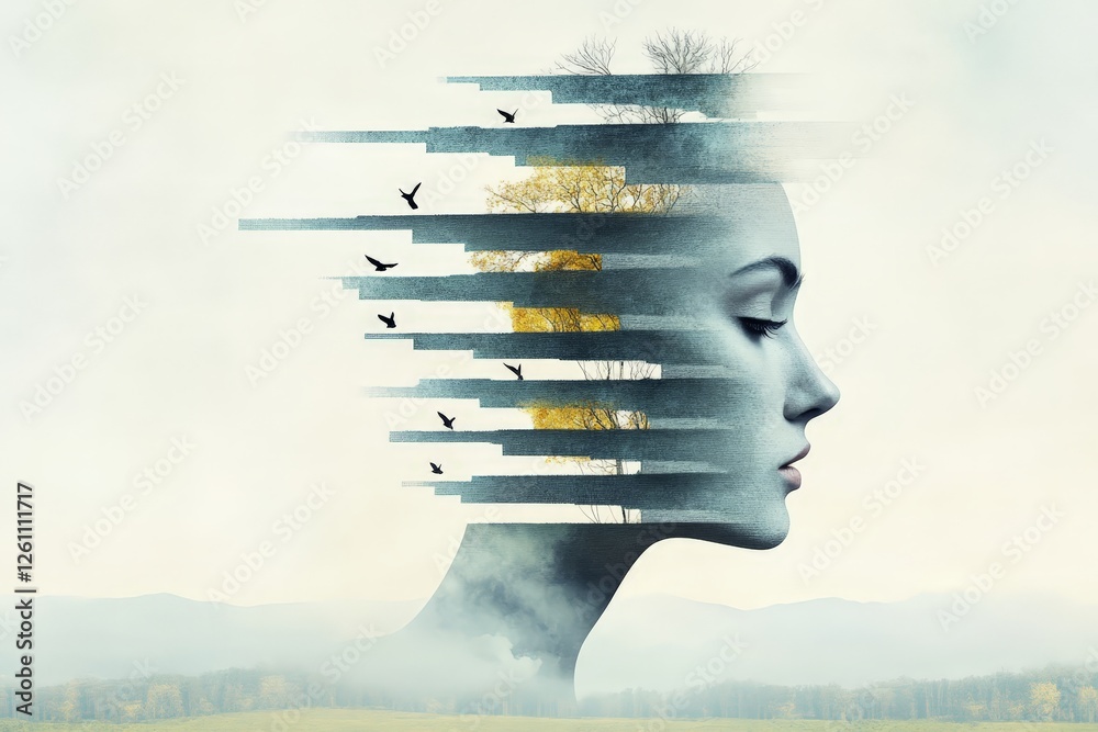 Surreal disintegrating female face blending with nature, symbolizing ...