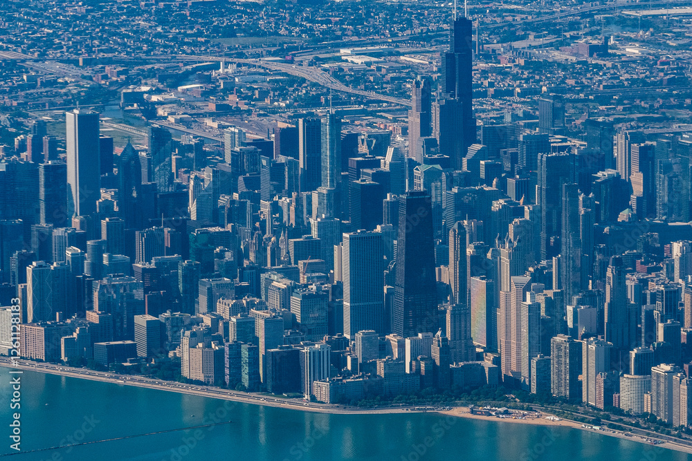Chicago, Illinois - Aerial view of the Chicago Skyline featuring ...