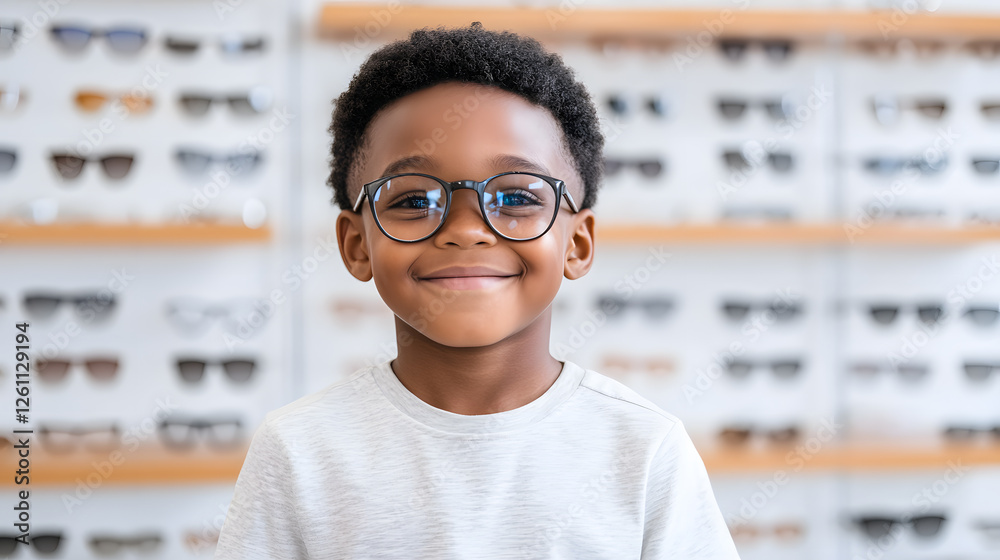Boy wearing new glasses in optical shop. He is happy with his new ...