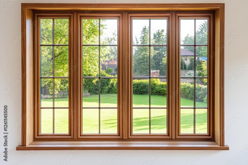 New wooden PVC window with brown metal frame installed at modern house ...