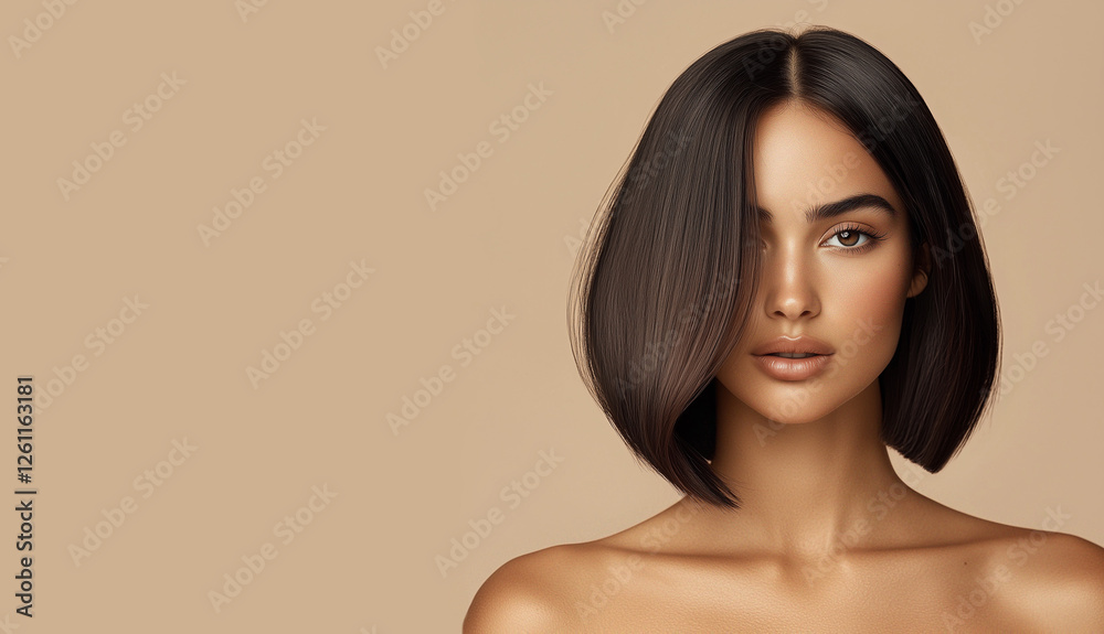 Beautiful model woman with shiny brown and straight hair .Short ...