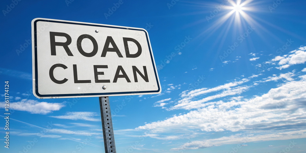 Road Clean sign against bright blue sky for traffic safety campaigns ...