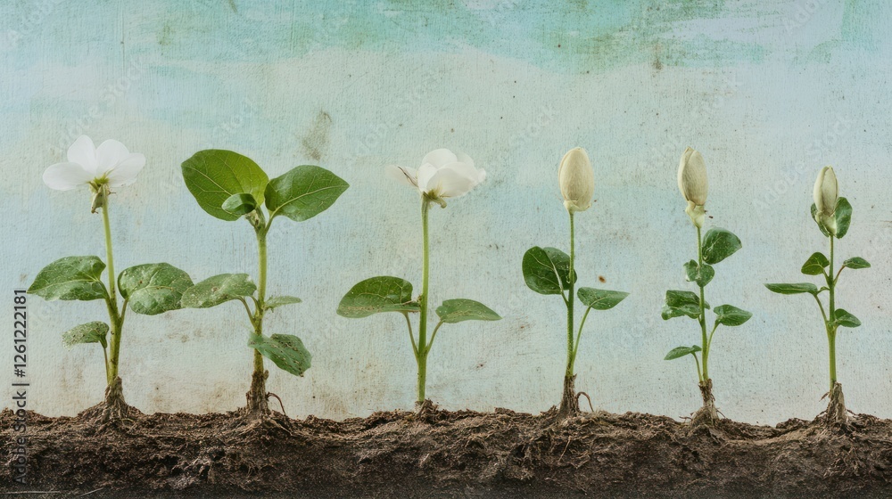 Flower growth stages, soil, textured background, lifecycle Stock ...