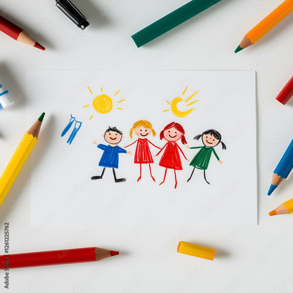 Child drawing, a colorful crayon sketch of a happy family on white ...