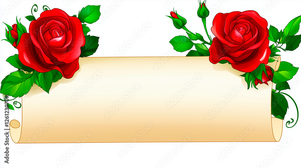 Blank parchment scroll with red rose frame, clip art on white ...