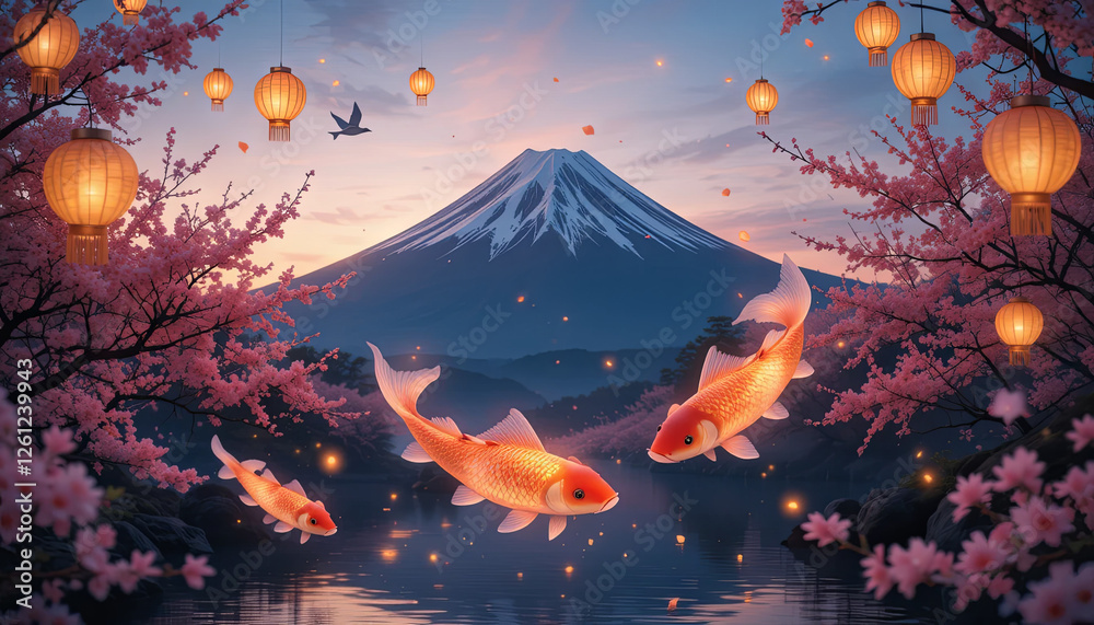 Koi fish glide through the calm water as lanterns illuminate the cherry ...