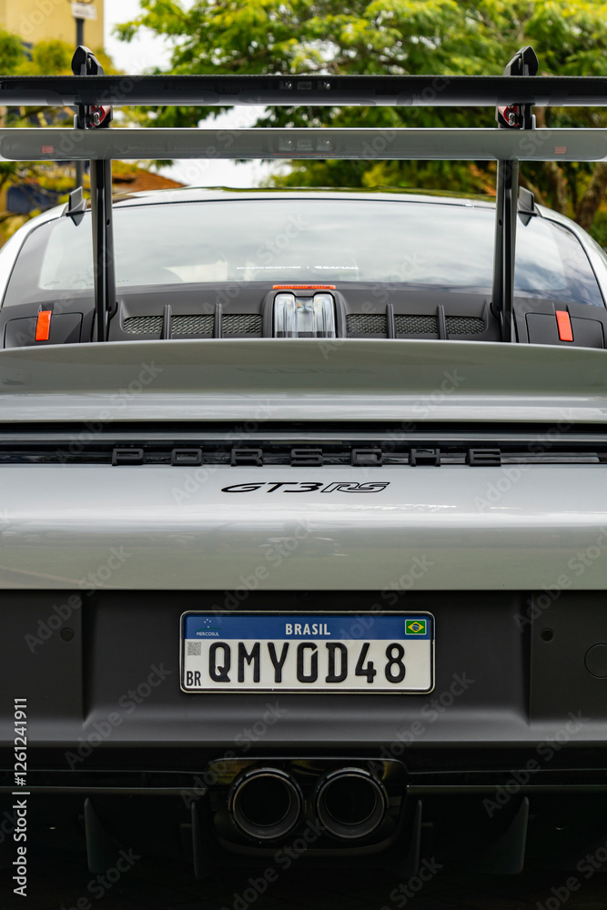 White Porsche 911 GT3RS rear end closeup portrait, Luxury super car ...