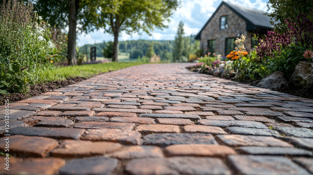 Close-up of red old-fashioned brick paved road with uneven textures ...