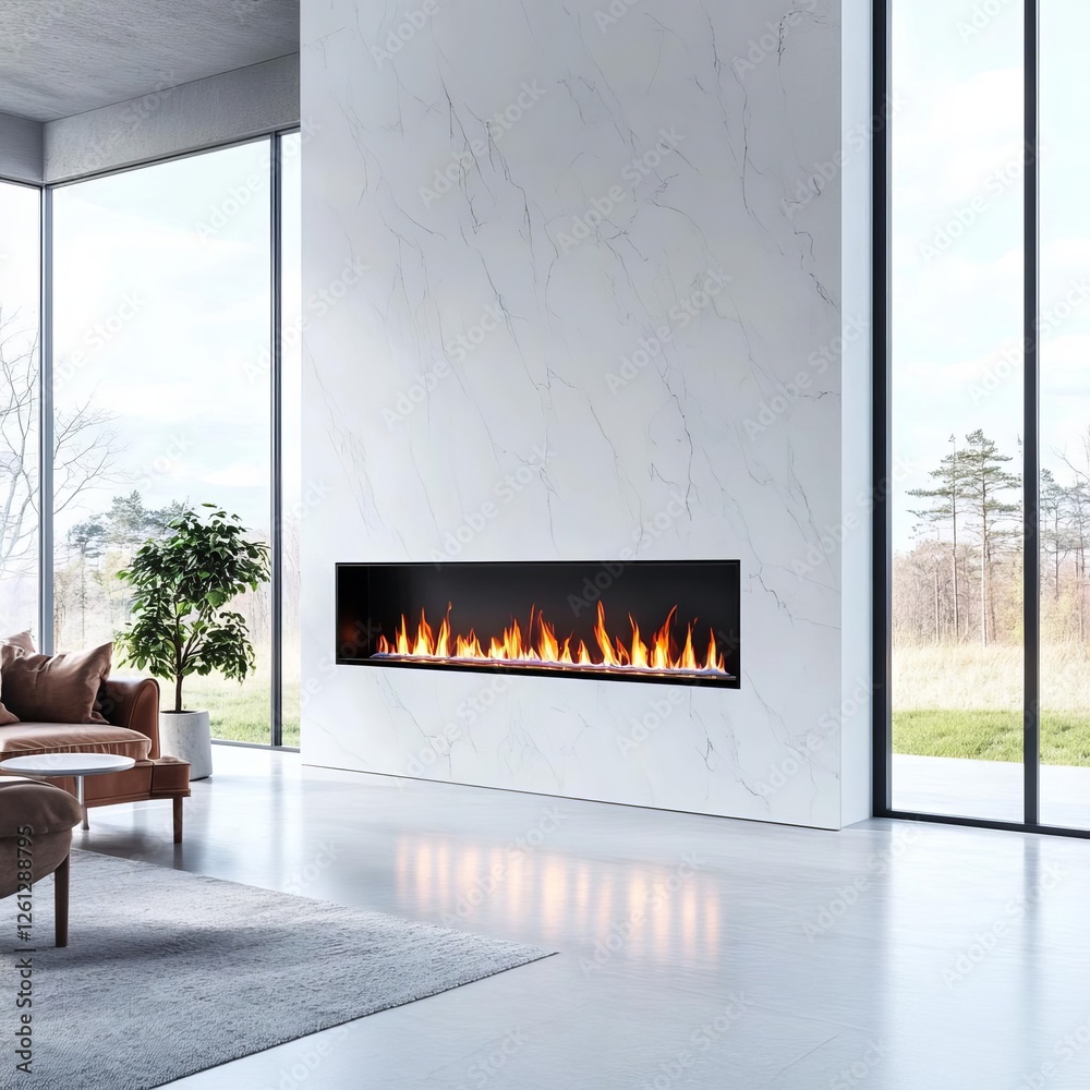 Ultra-modern linear gas fireplace embedded in a sleek white marble wall ...