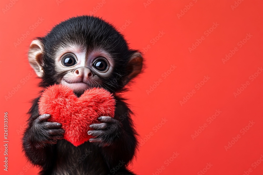 Ad campaign creative pattern. Cute capuchin baby with fluffy red heart ...