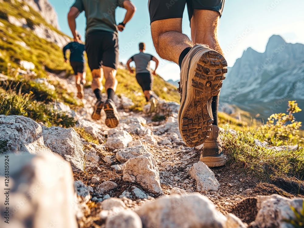 Image capturing trail runners in athletic outfits traversing a rugged ...