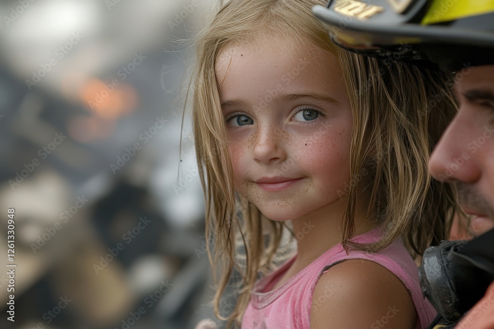 Firefighter rescuing little girl from house fire Stock Photo | Adobe Stock