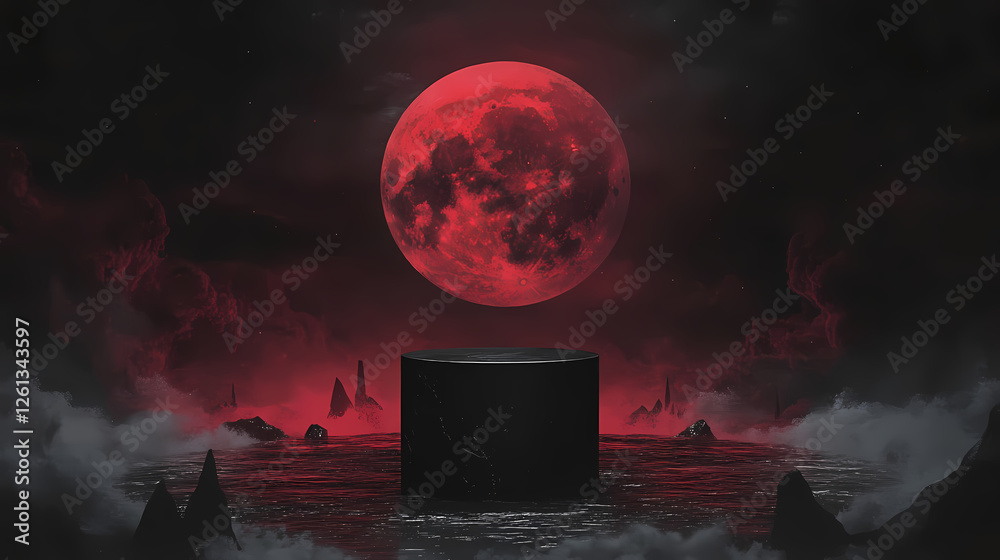 Moonlit ritual: halloween sale black podium, set under a blood moon, a ...
