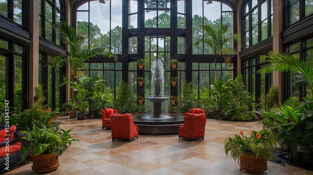 interior grand atrium arboretum with 10,000 plants and water fall in ...