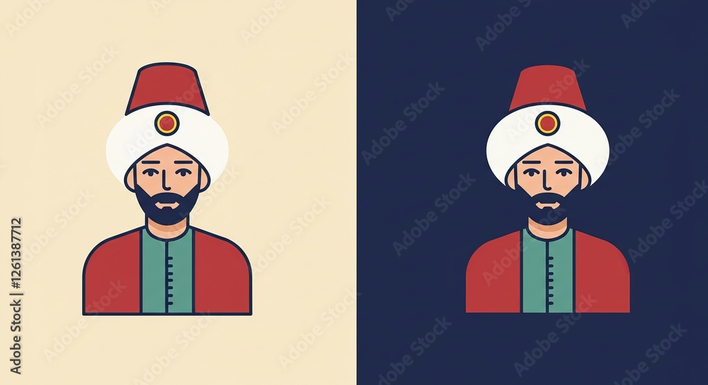 Ottoman Era Man in Traditional Clothing - Flat Vector Portrait ...