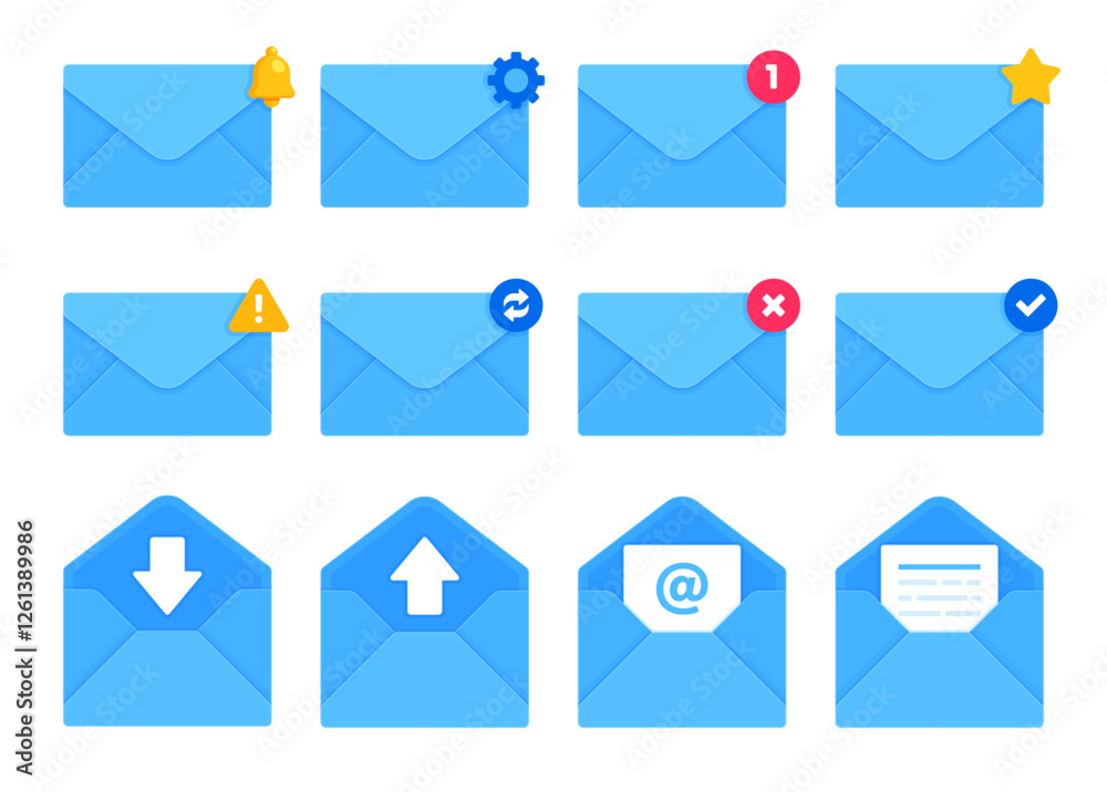 Set of blue email and message envelope icons with notification and ...