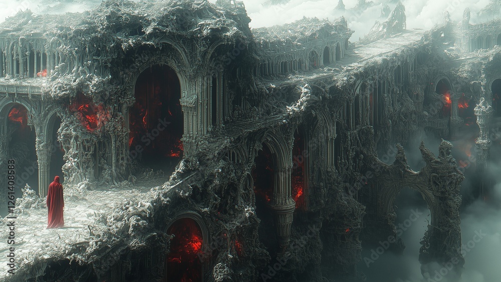 haunting digital artwork of ancient gothic ruins shrouded in mist and darkness. Hooded figures ...