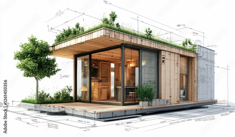 Eco-friendly tiny house architectural design rendering with green roof ...