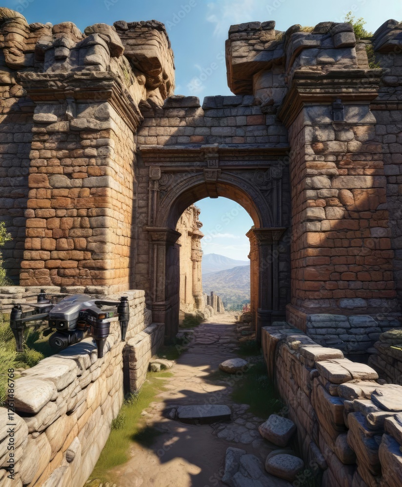 Drone scanning ancient walls with ancient stone gates, methodius, gates ...