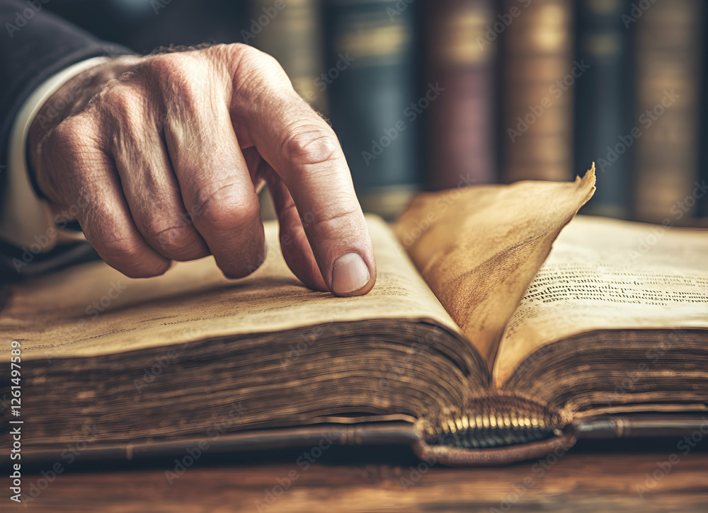 Delving into Ancient Lore, A scholar's hand guides through aged pages ...