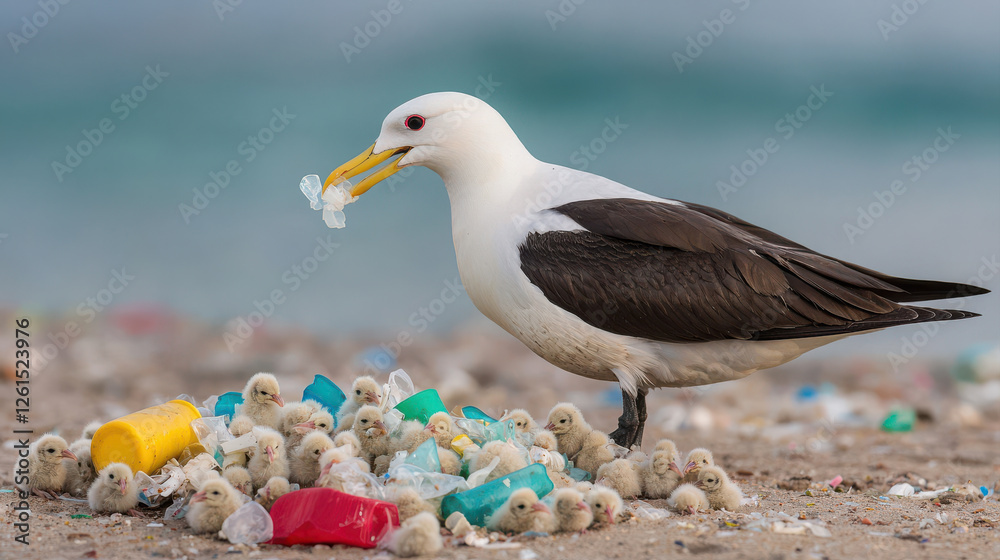 Ocean Plastic Pollution and Microplastic Crisis Theme, seabird feeding ...