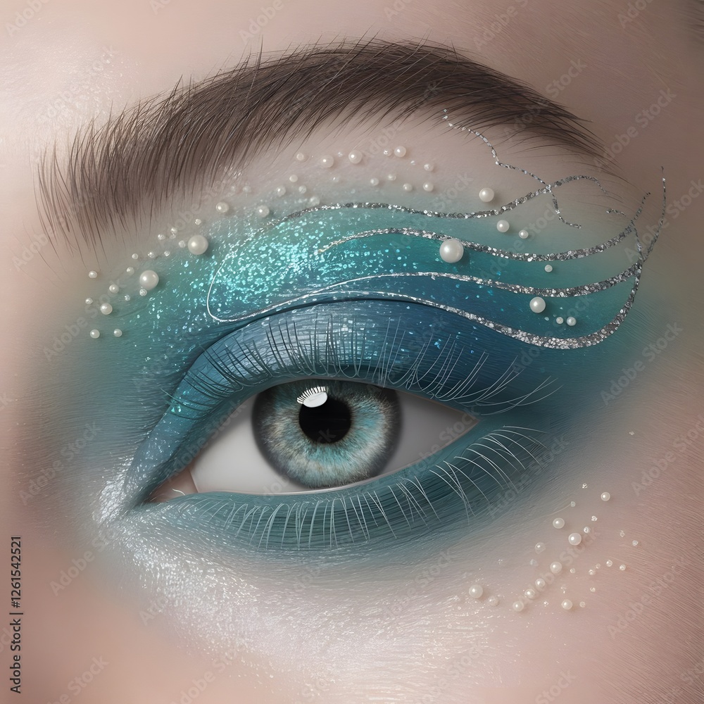 An eye with ocean-inspired makeup idea or design. The eyelids have a ...