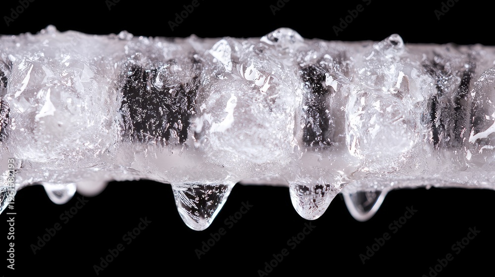Icy cable thawing, water droplets, black background, winter weather ...