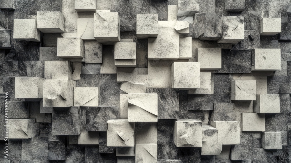 Abstract composition of 3D cubes, arranged in a fragmented pattern ...