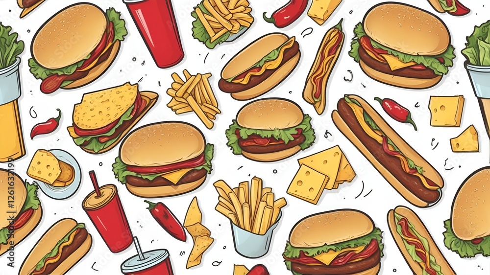 fast food pattern, seamless food illustration, burger fries hotdog ...