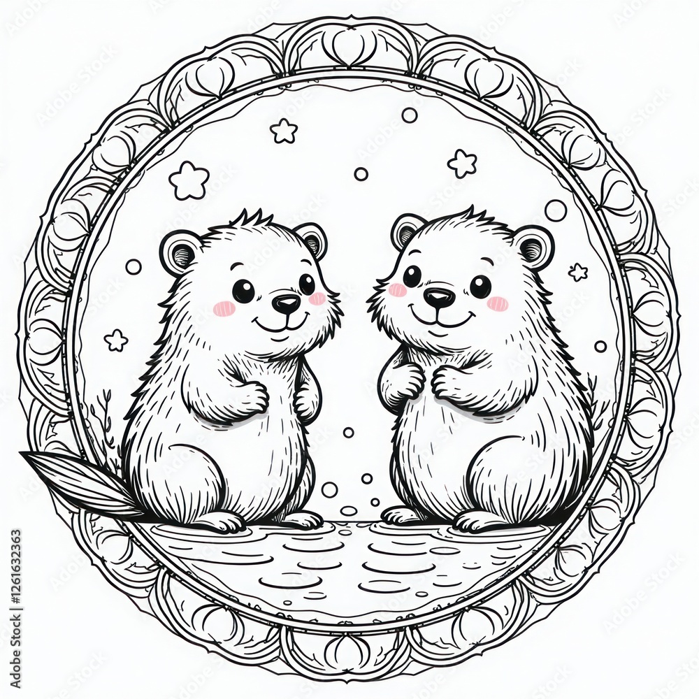Cute Beavers Doodle Mandala Coloring Page Kids Design. Perfect for ...