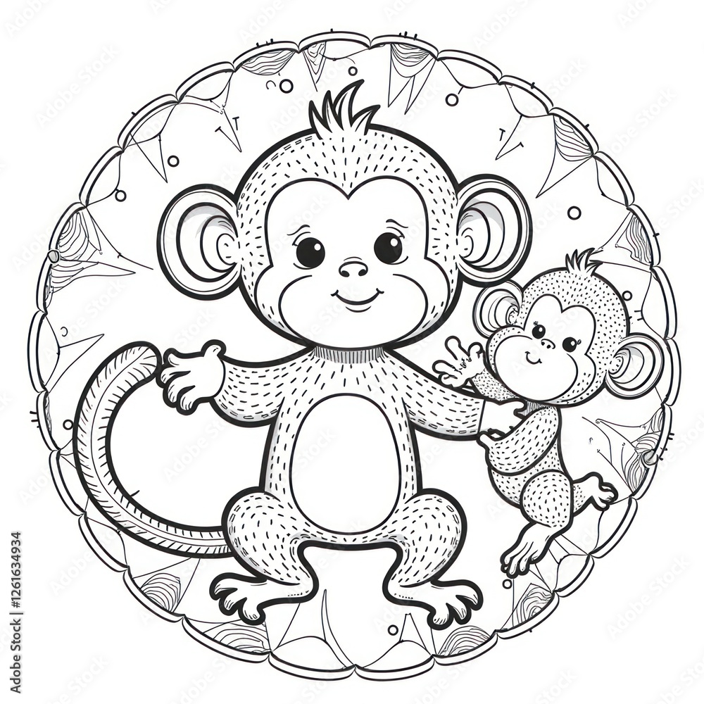 Cute Monkeys Doodle Mandala Coloring Page Kids Design. Perfect for ...