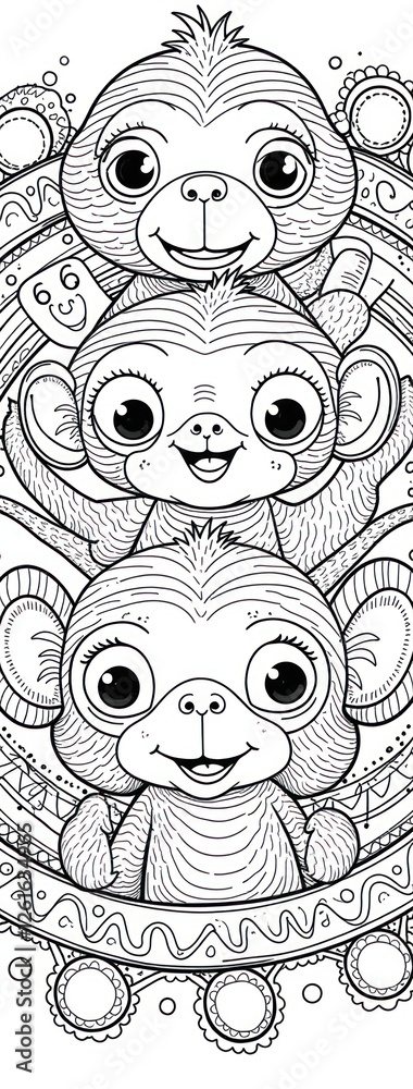 Cute Monkeys Doodle Mandala Coloring Page Kids Design. Perfect for ...