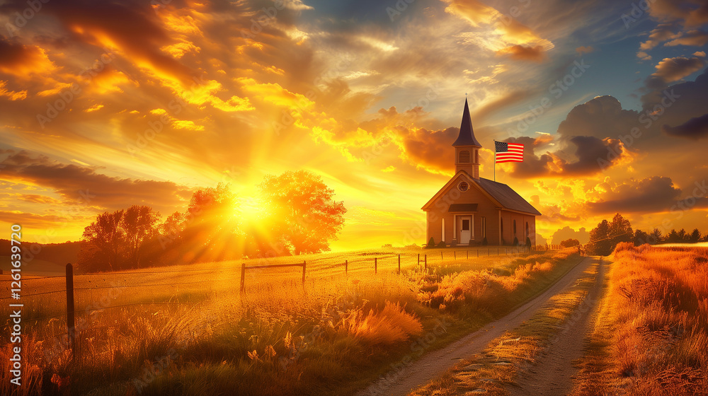 Golden sunrise behind a rural church with an american flag flying in an ...