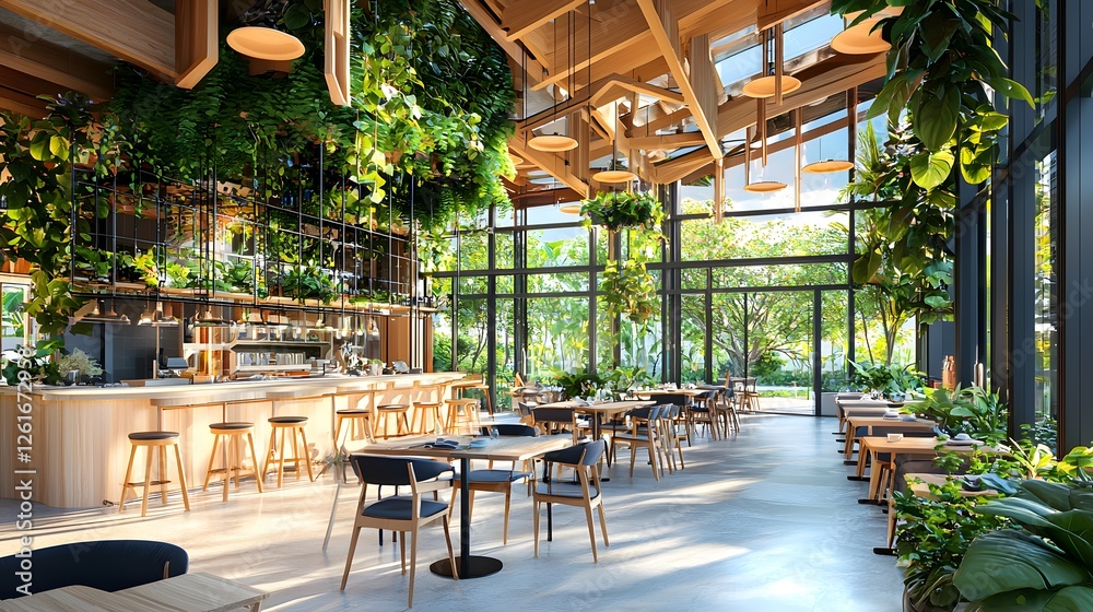 Botanical Bistro: Sun-drenched interior of a modern restaurant or cafe ...