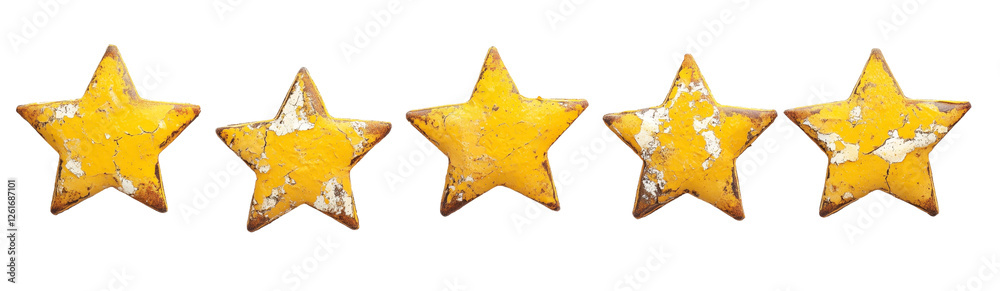 Five Star Rating: Five gold stars, each with a rustic, weathered look ...