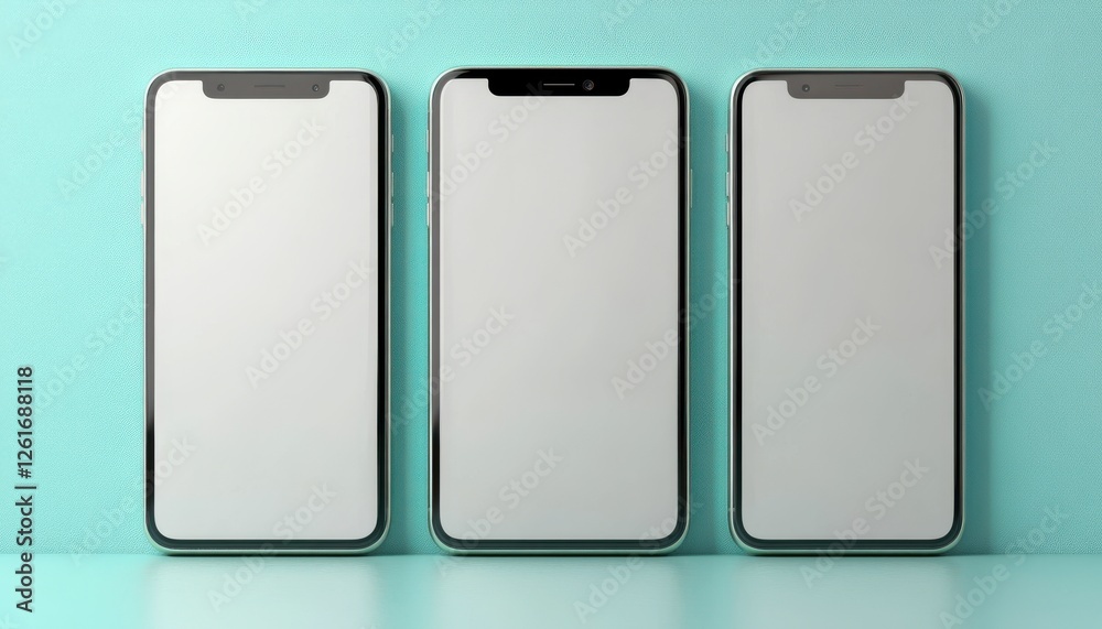 Ilustración de Stock Three Modern Mobile Devices Mockup On Teal ...