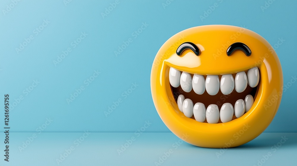 Bright yellow 3D smiley face with a big toothy grin, set against a ...