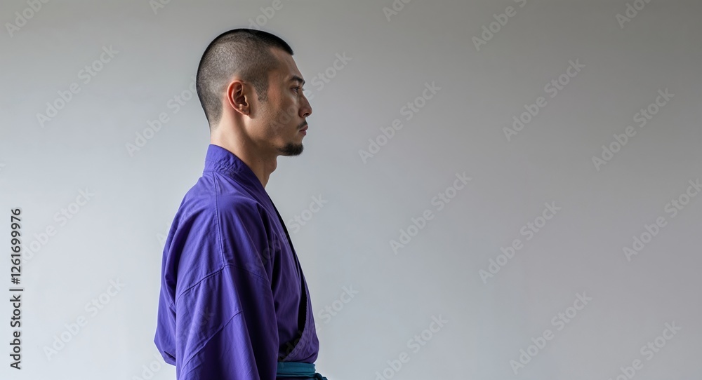 Shaolin monk side view portrait on plain white background Stock Photo ...