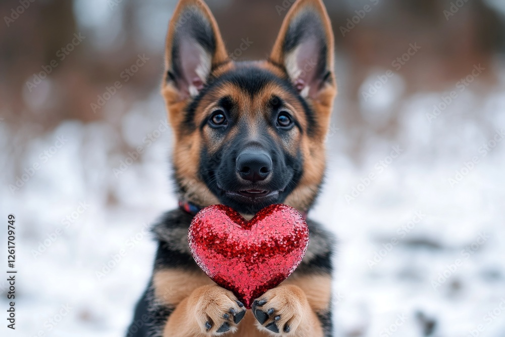 Cute german shepherd doggy with sparkling rhinestones red heart on a ...